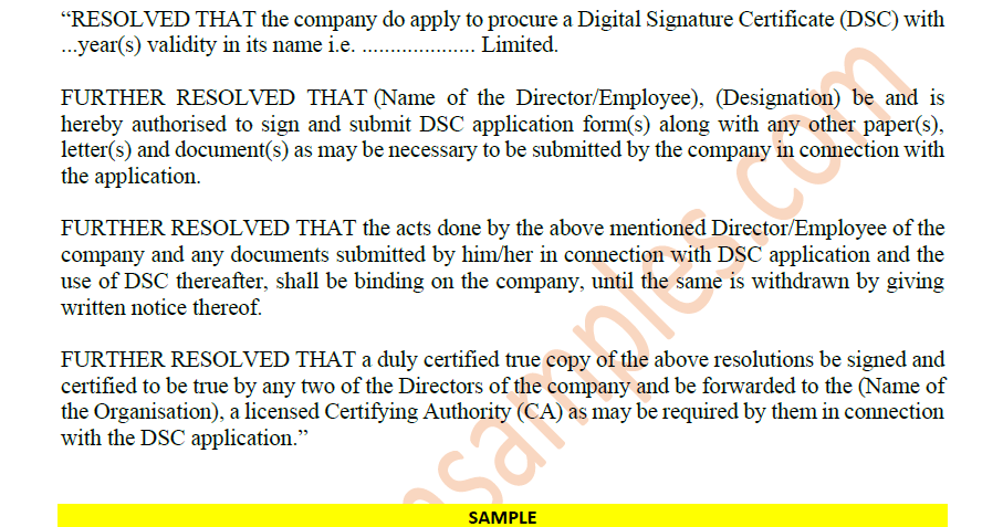 Board Resolution: Digital Signature Certificate DSC Application
