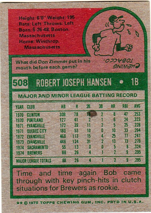 1975 Topps (it's far out, man): #508 - Bob Hansen