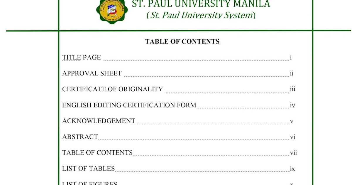 SPU Manila Research Format: Table of Contents