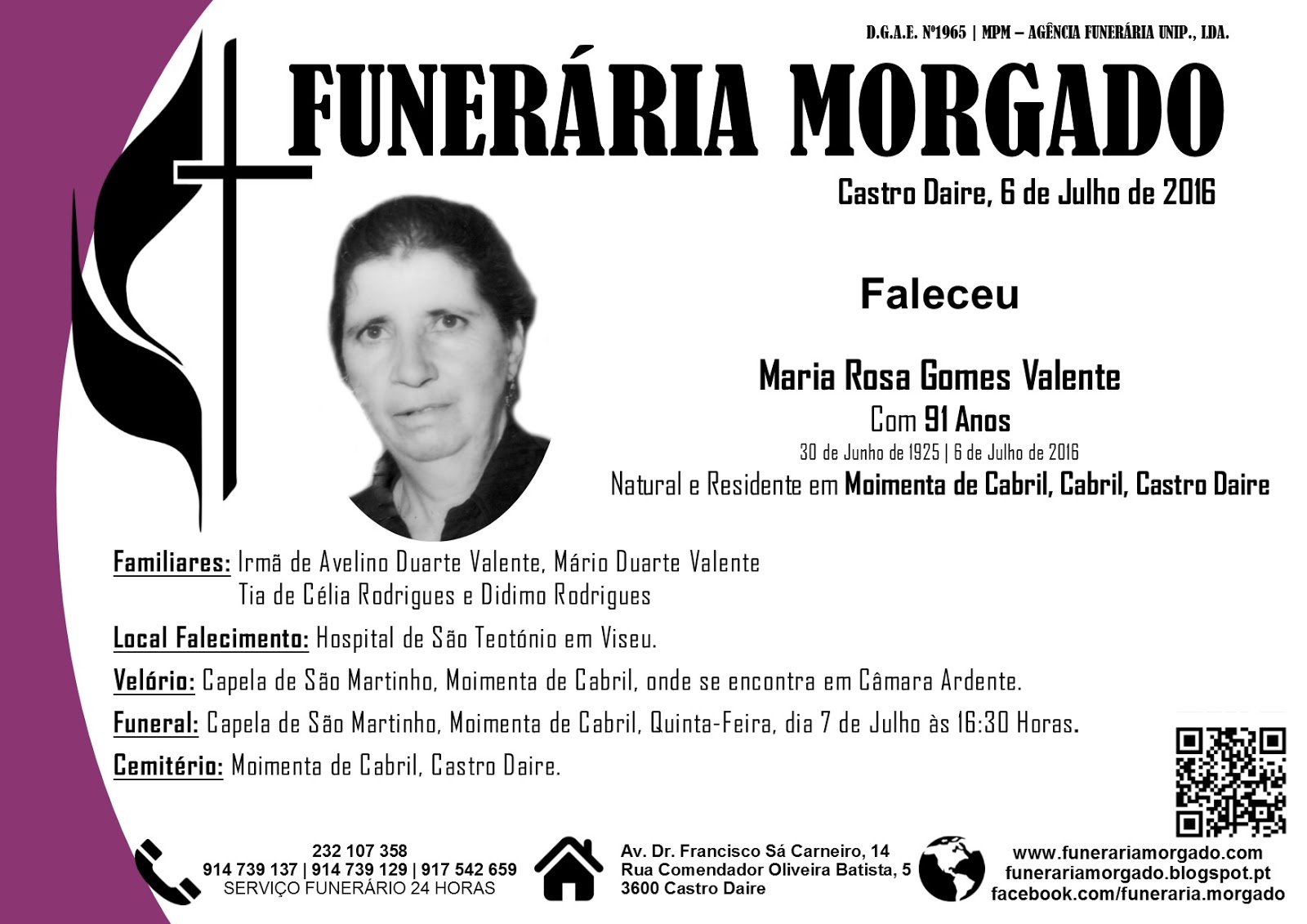 FUNERÁRIA MORGADO: FALECEU | MARIA ROSA GOMES VALENTE, 91 ANOS ...