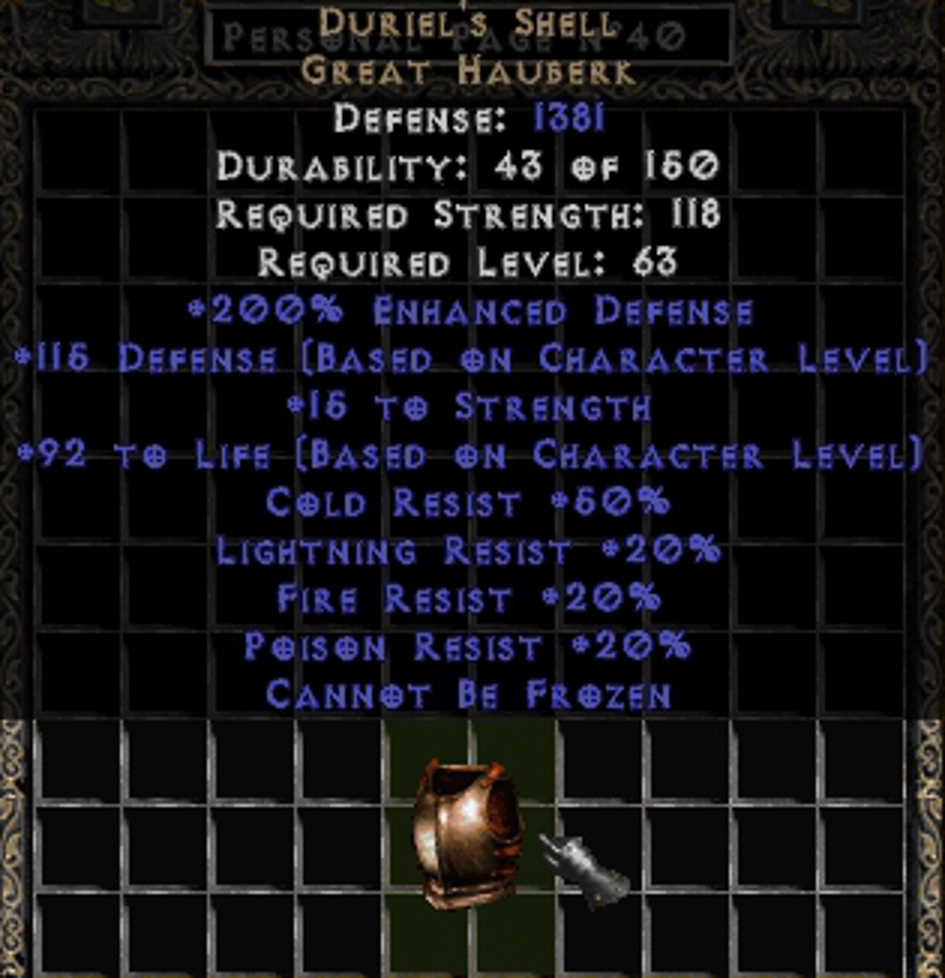 Best cRPGs: DURIEL'S SHELL great hauberk, PERFECT, Diablo 2 Resurrected