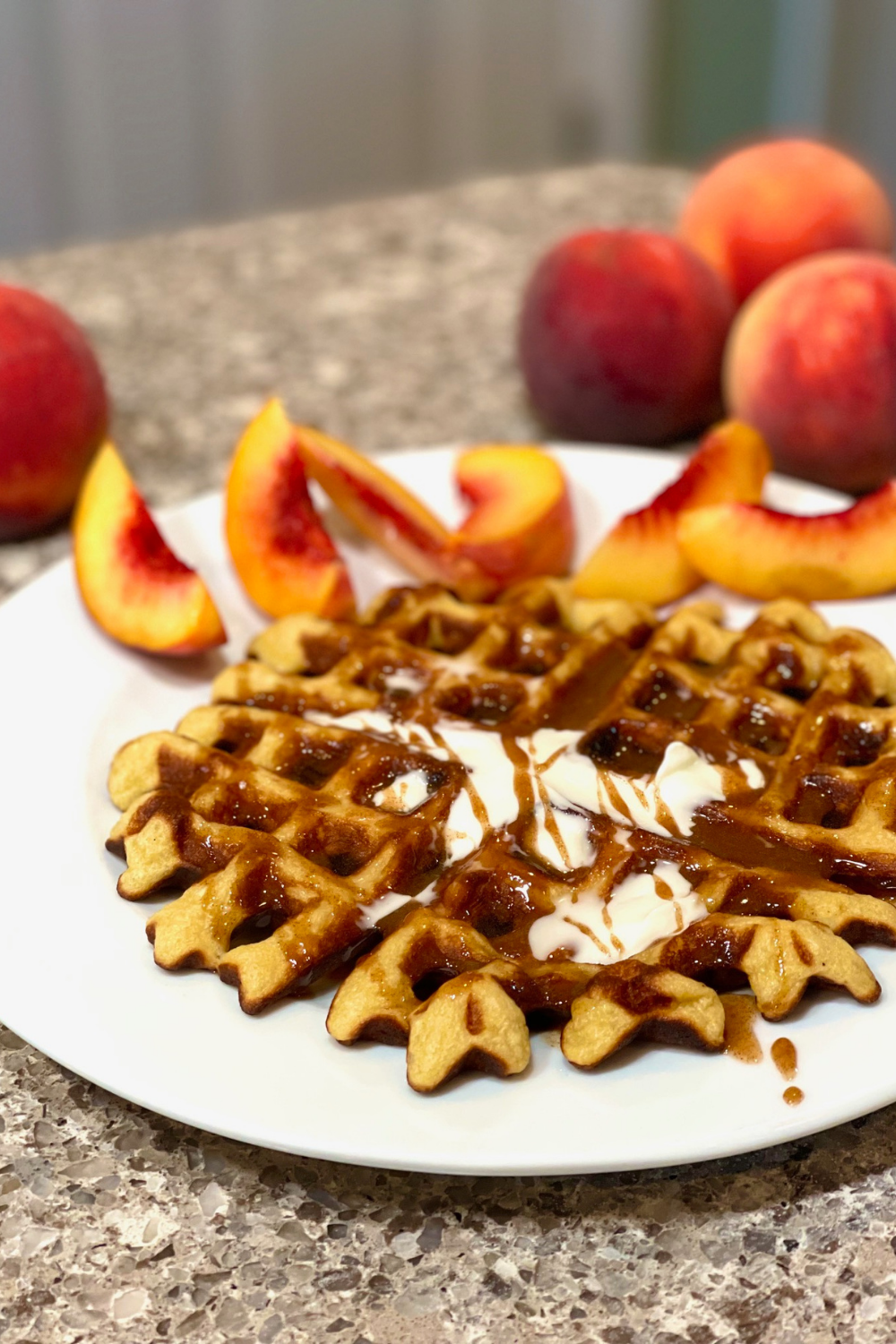 Fresh Peach Waffles with Cinnamon Syrup | Our Good Life