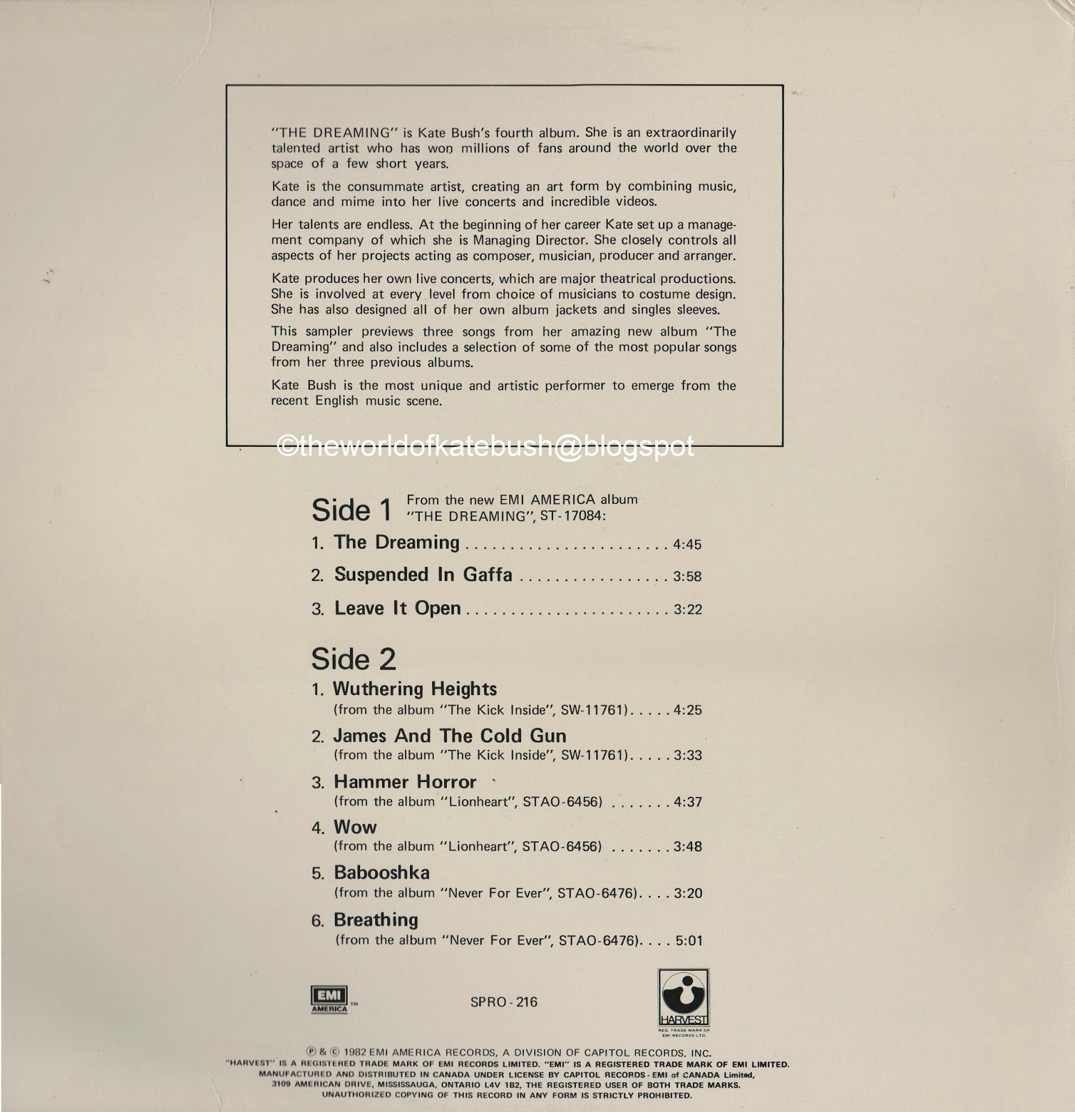 THE WORLD OF KATE BUSH: Kate Bush Sampler - Canadian Promo