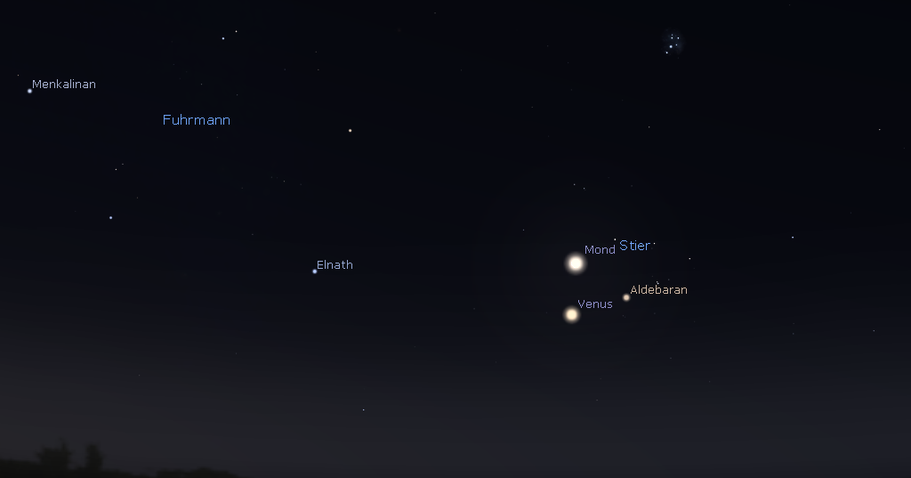 Lichtecho: Stelldichein im Morgengrauen: Mond, Venus und Aldebaran