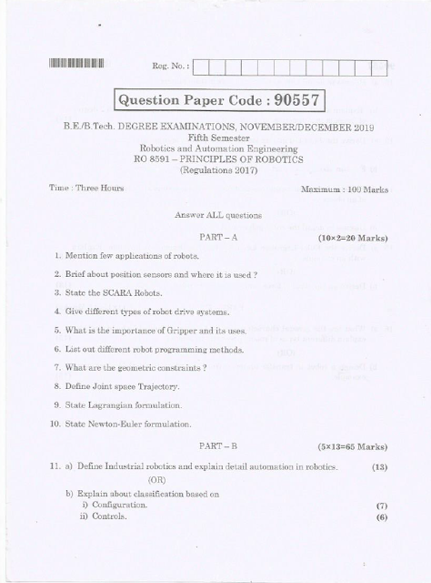 Anna University RO 8591 Principles Of Robotics November/December 2019 ...