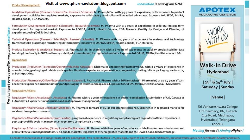 APOTEX Walk-In Interview on 23rd & 24th July 2016 @ Hyderabad - PHARMA ...