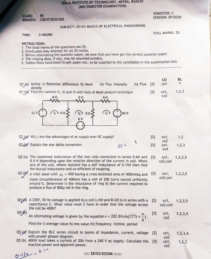 EE101 Basics of Electrical Engineering BTECH 2nd semester bit mesra ...