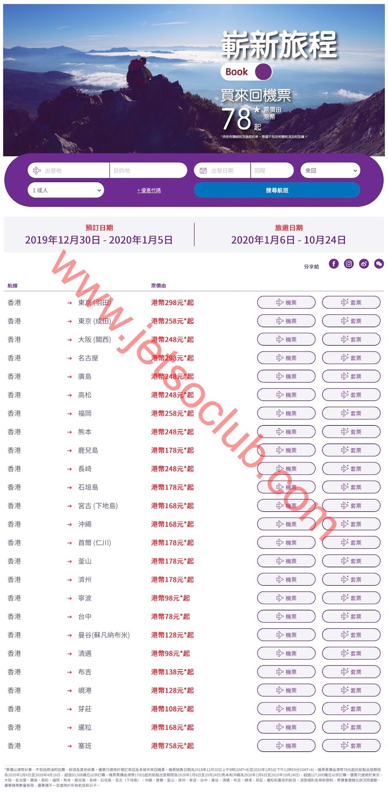 HK Express：25個航點 單程機票 $78起（訂購至5/1） ( Jetso Club 著數俱樂部 )