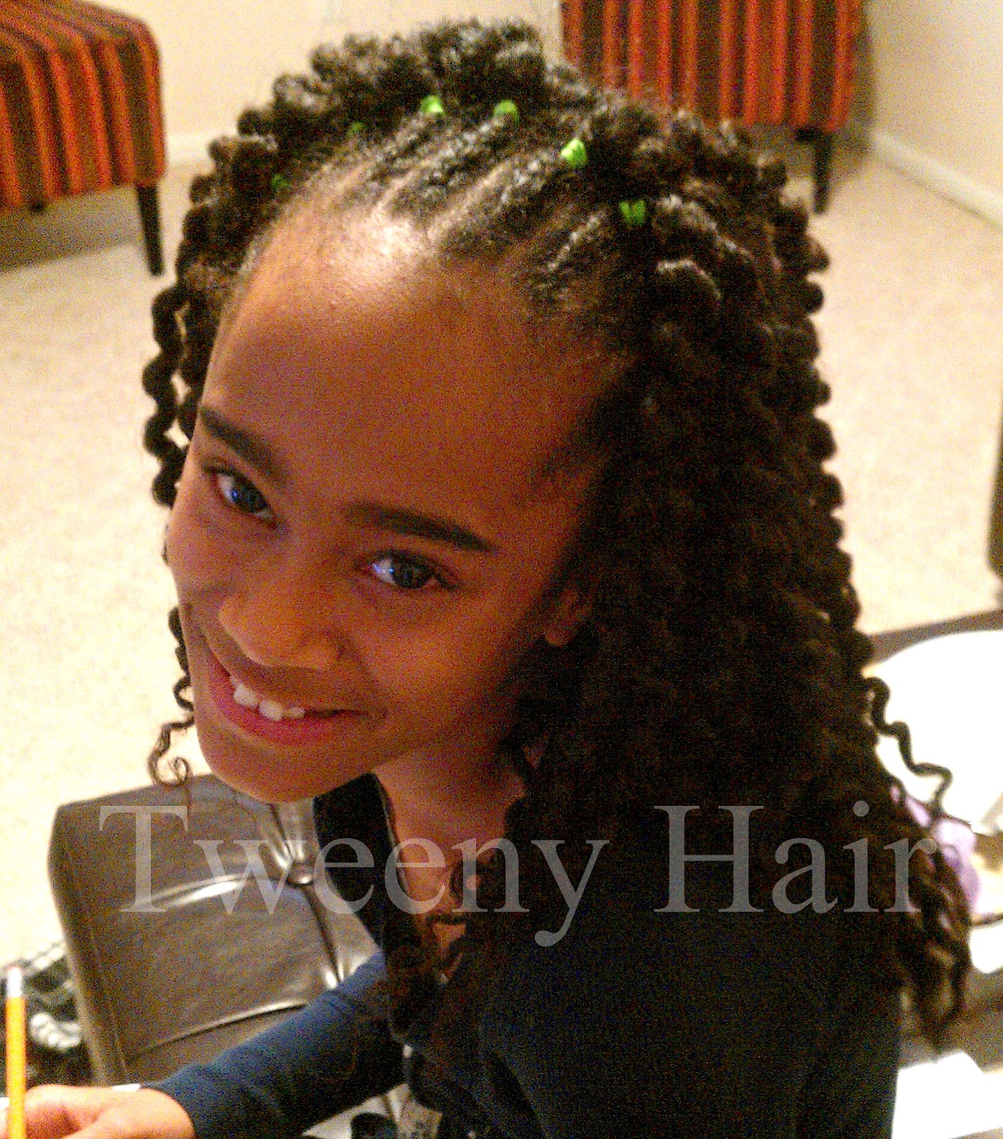 Tweeny Hair: Short Cornrows, Green Rubber Bands, and Two Strand Twists