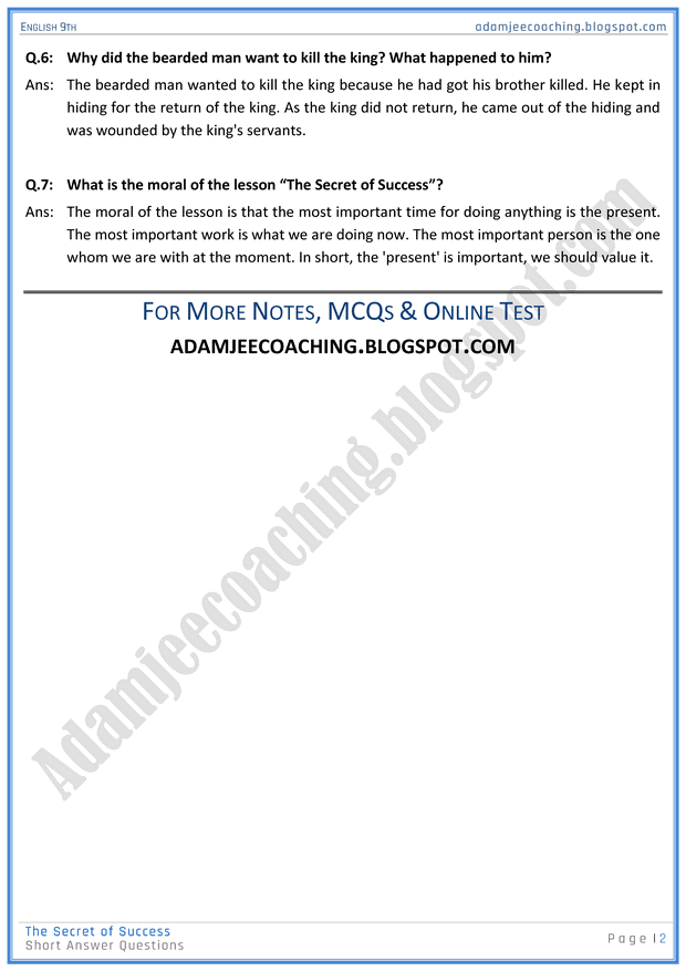 Adamjee Coaching: Life Skills - Question Answers - English 9th