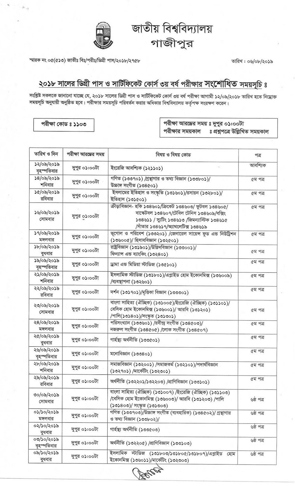 New Degree 3rd Year Routine 2019 PDF Download [Session 2015-16]