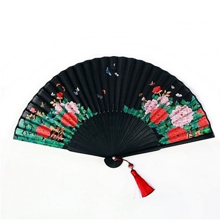 Traditional Silk Folding Hand Fan Peony Patterned Folding Fan With Fan Case