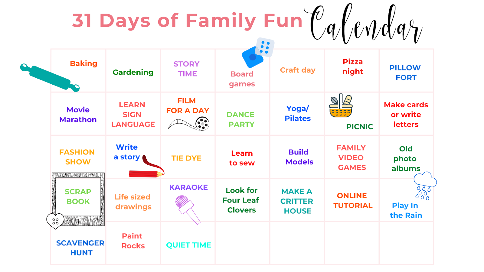 31 Day Activity Planner For Families {with FREE printable}
