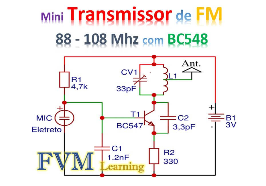 Mini Transmissor de FM 88 - 108 Mhz com BC548 - FVML