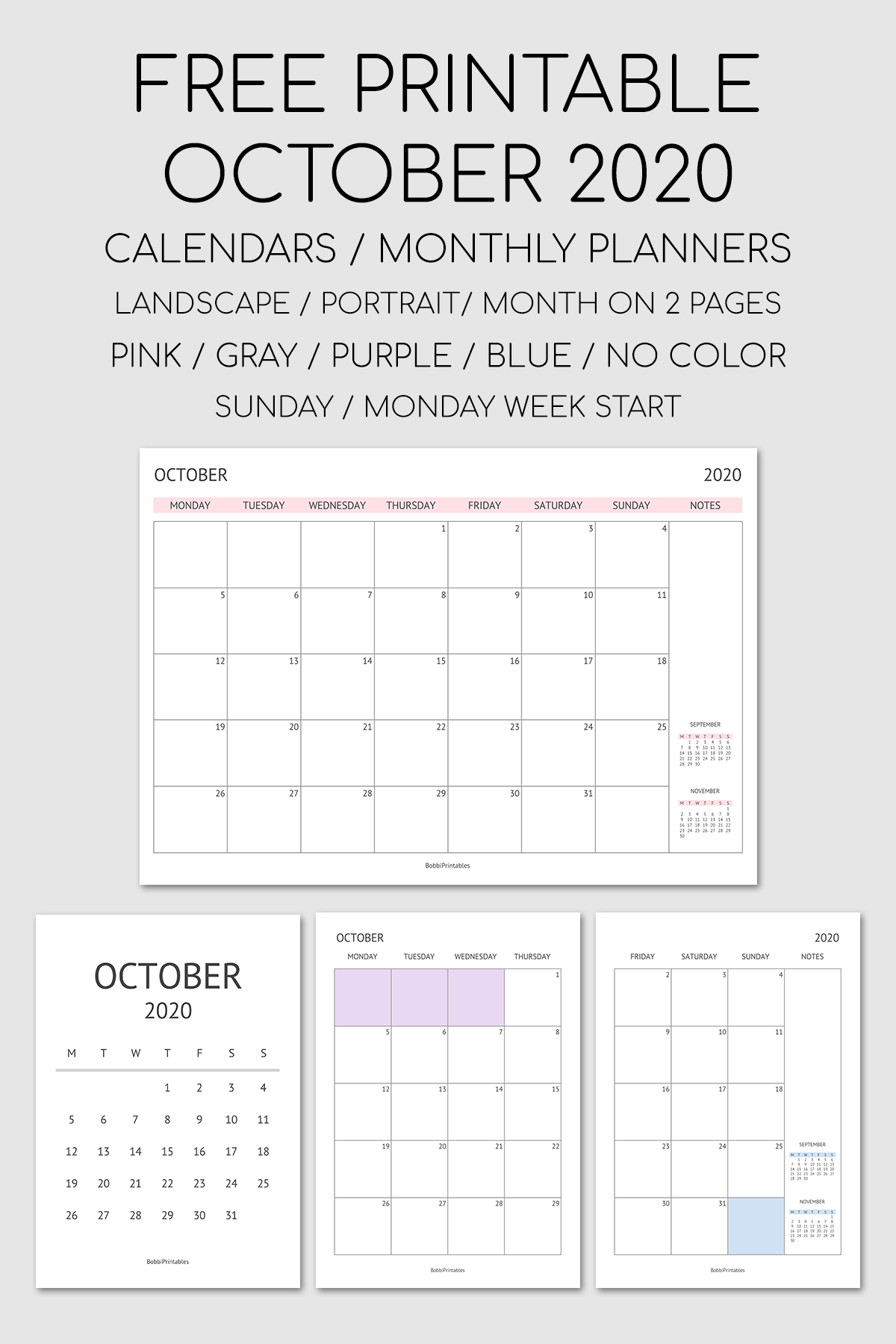Printable October 2020 Calendars