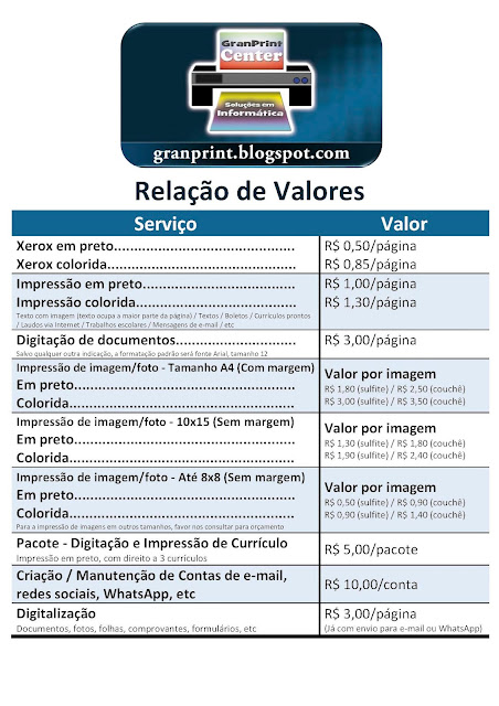 GranPrint Center - Soluções em Informática: Tabela de Preços - Alguns ... GranPrint Center - Soluções em Informática: Tabela de Preços - Alguns ...