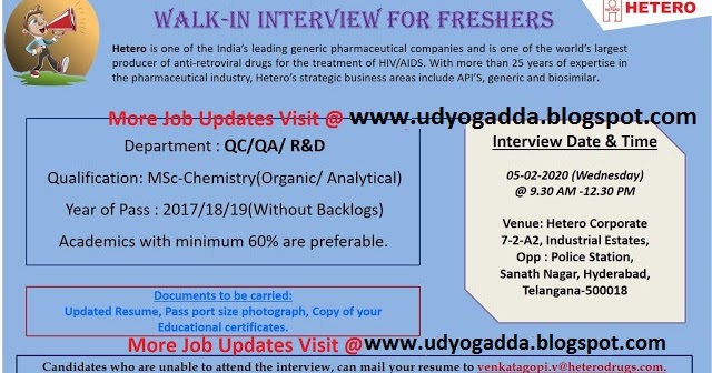 UDYOG ADDA: HETERO WALK IN INTERVIEW FOR FRESHERS QC / QA / R&D 05/02/2020 @ Hyderabad.
