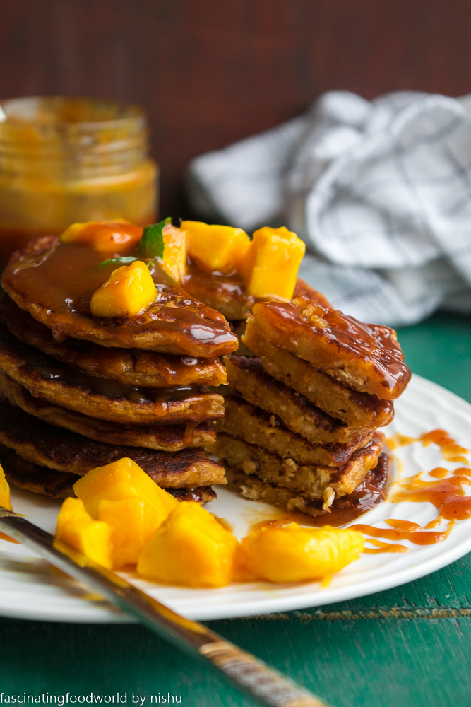 Mango pancakes with chilli-lime caramel sauce