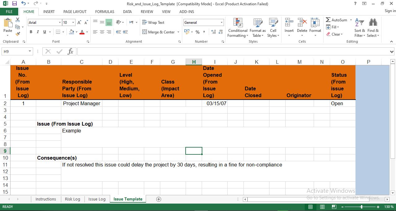 Risk and issues log template