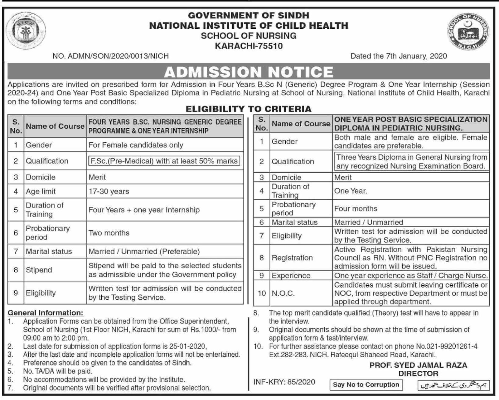 National Institute Of Child Health Karachi NICH Admissions For BS ...