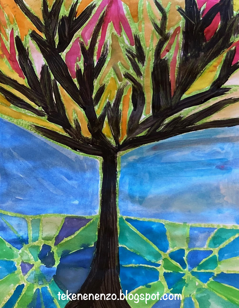 Kids Artists: Winter tree in warm-cool colors