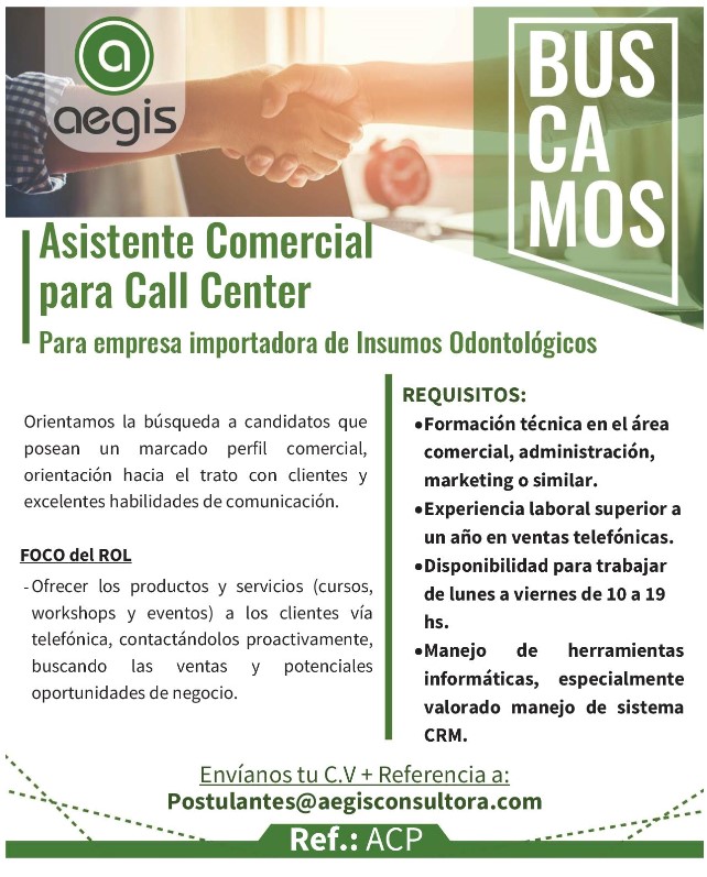 Asistente Comercial para Call Center (Ref. ACP) - Mayo - Junio 2019