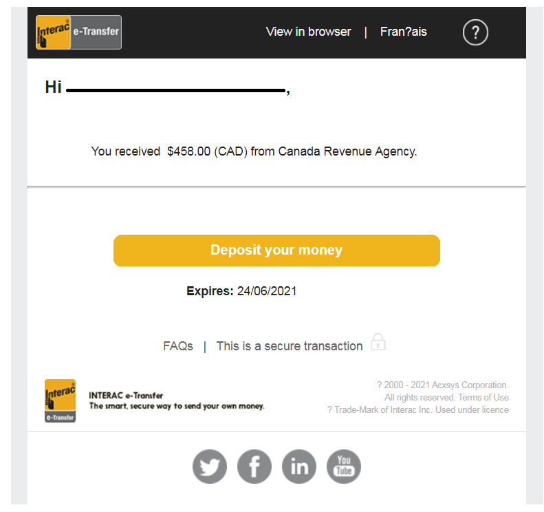 Metadata Consulting [dot] ca: CRA Phishing Email with subject INTERAC e ...
