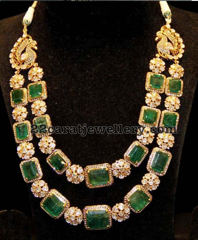 Two Layer Floral Diamond Emerald Set - Jewellery Designs
