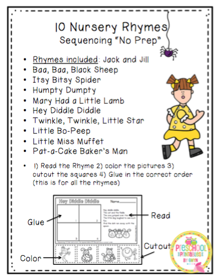 Nursery Rhymes Sequencing "No Prep" ~ Preschool Printables