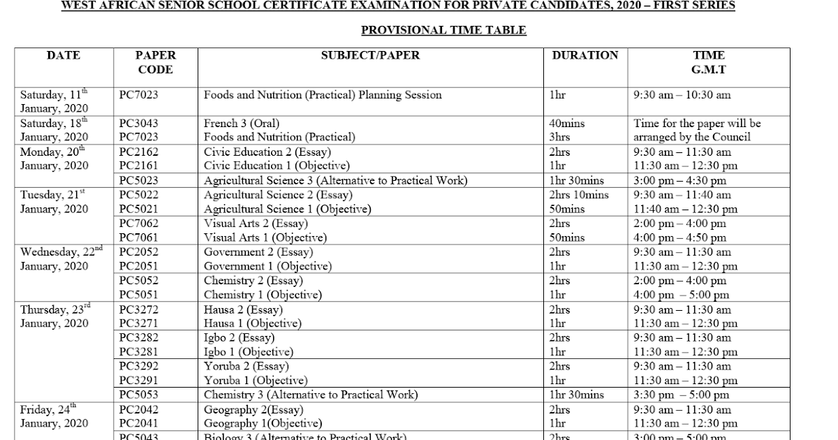 WAEC GCE 2020 Exam Time-Table | Jan/Feb 1st Series [PDF Download]