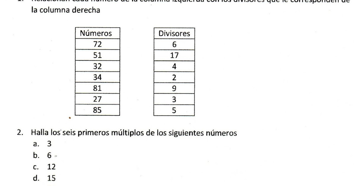 MATEMATICAS CONSUELO CALDERON: Múltiplos y Divisores TALLER-5