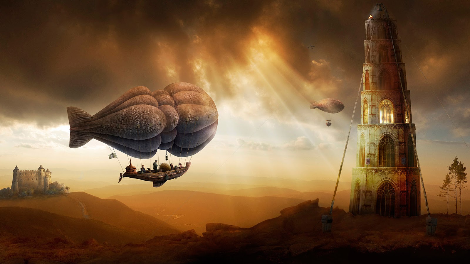 Image Picture Wallpaper Library: Fantasy World - Hot air balloon and tower