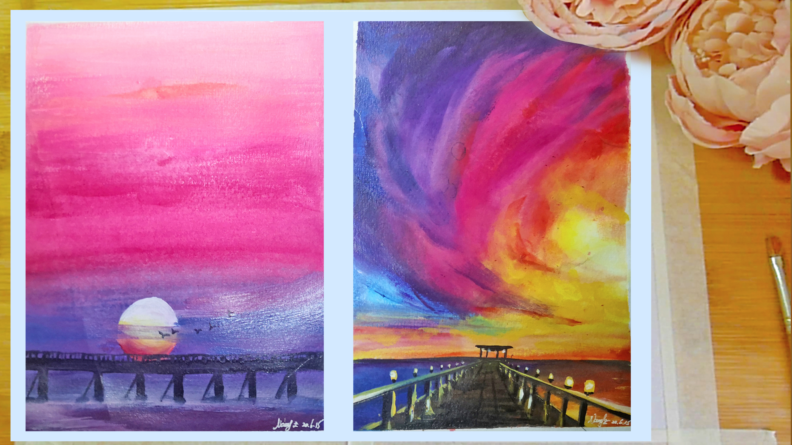 2 Acrylic painting of sunset landscape | How to draw sunset step by ...