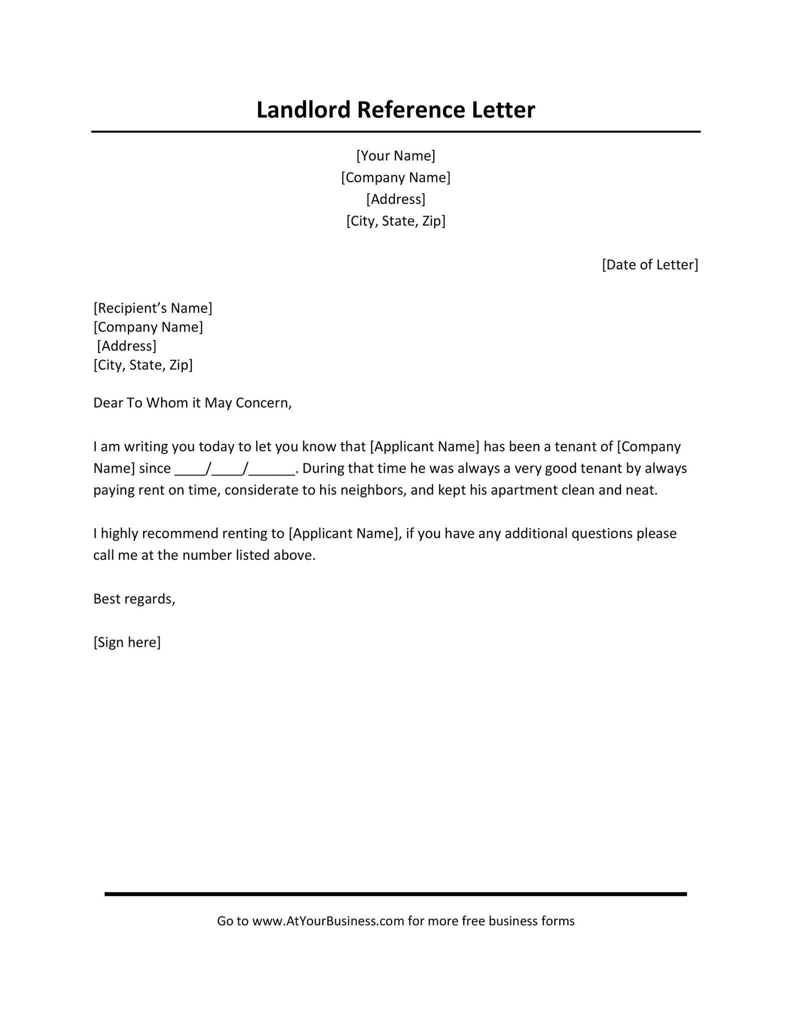 Tenant Reference Letter ~ Thankyou Letter