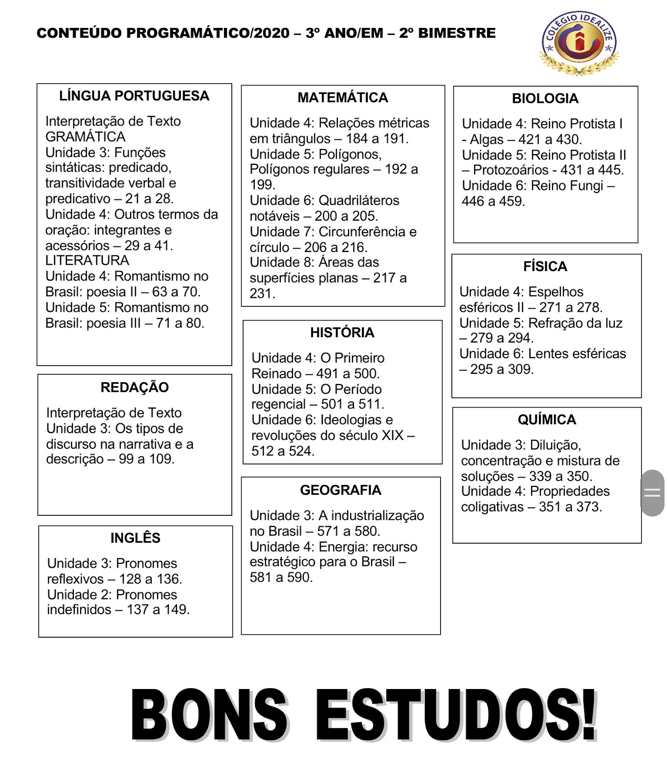 CONTEÚDO PROGRÁMATICO - 3º ANO/ ENSINO MÉDIO - 2º BIMESTRE
