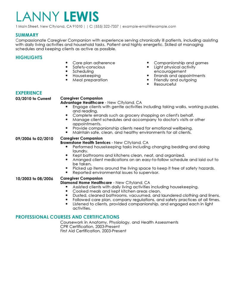 Elderly Caregiver Resumes ~ Medical Resume