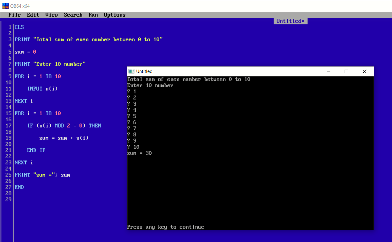 QBASIC Program to find total sum of even number using “Array”
