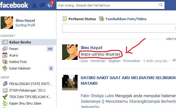 Cara membuat status FB terbalik - ILMUHAYAT