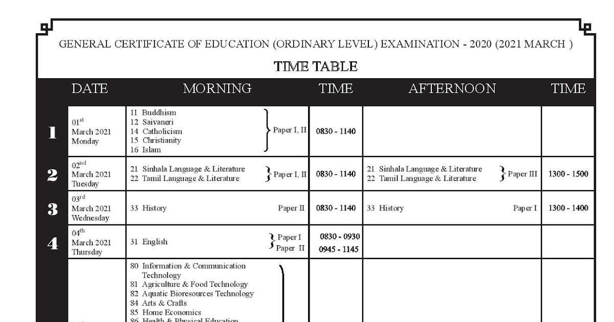 Ordinary level examination 2020, Exam Time table