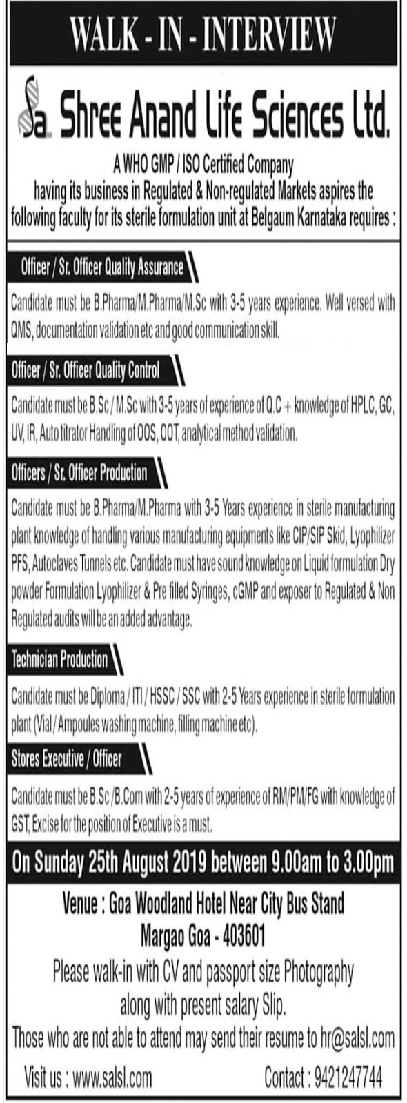 NABL GUIDELINES: Shree Anand Life Sciences Ltd - Walk-In Interviews for Multiple Positions - QA ...