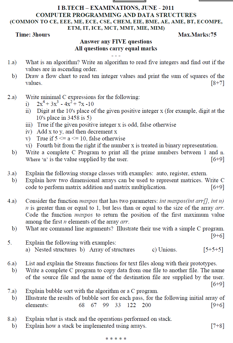 JNUTK COMPUTER PROGRAMMING AND DATA STRUCTURES 2011 Question Paper ...
