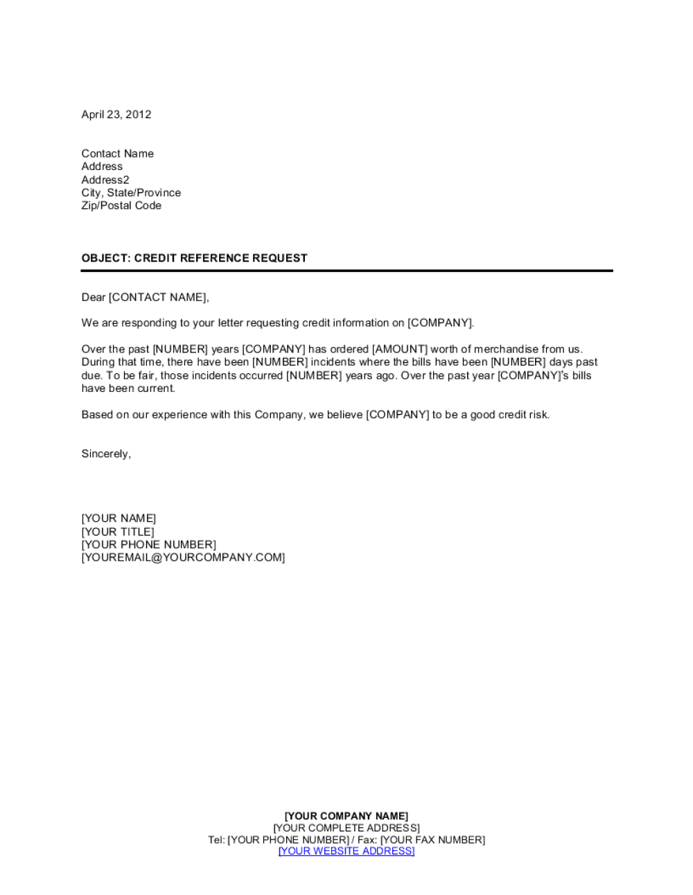 Credit Reference Letter Template ~ Resume Letter