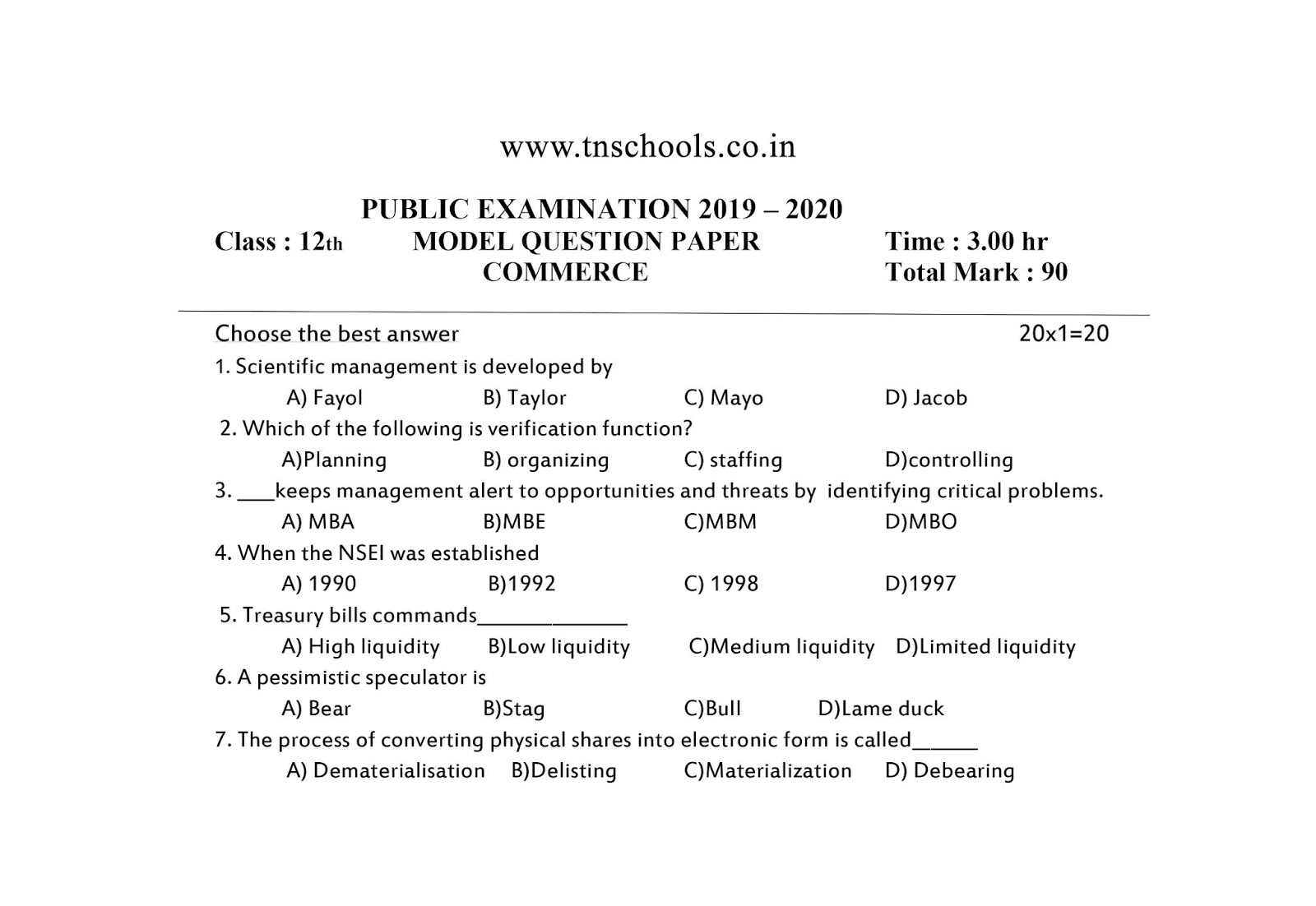 12th Std Commerce Public Exam Model Question Paper (English Medium) - 2020