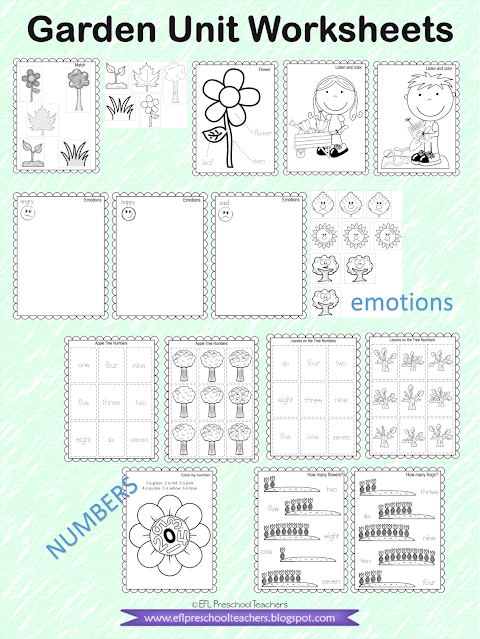 ESL/EFL Preschool Teachers: Garden Unit Worksheets for Kindergarten EFL