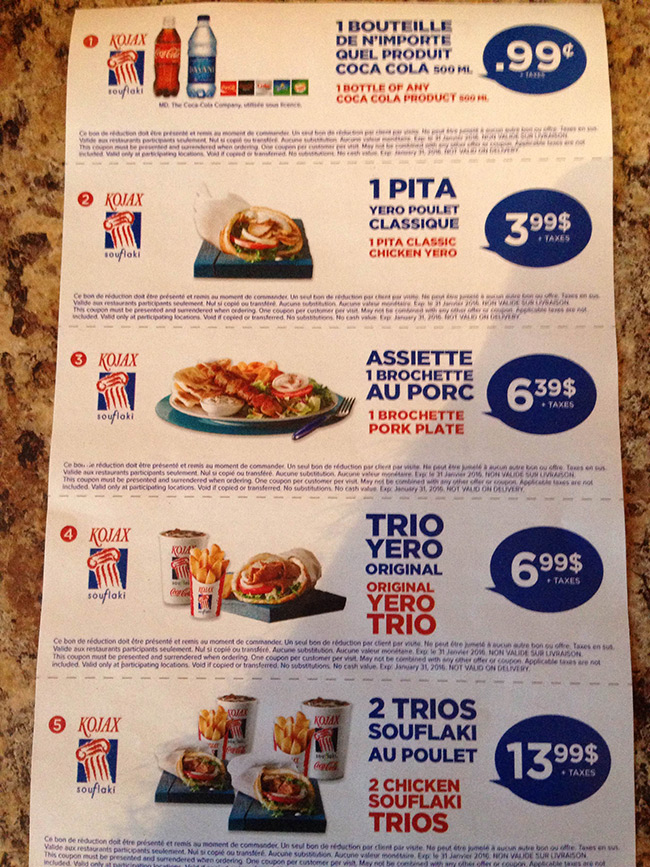 Coupon rabais Kojax restaurants cuisine Grec!