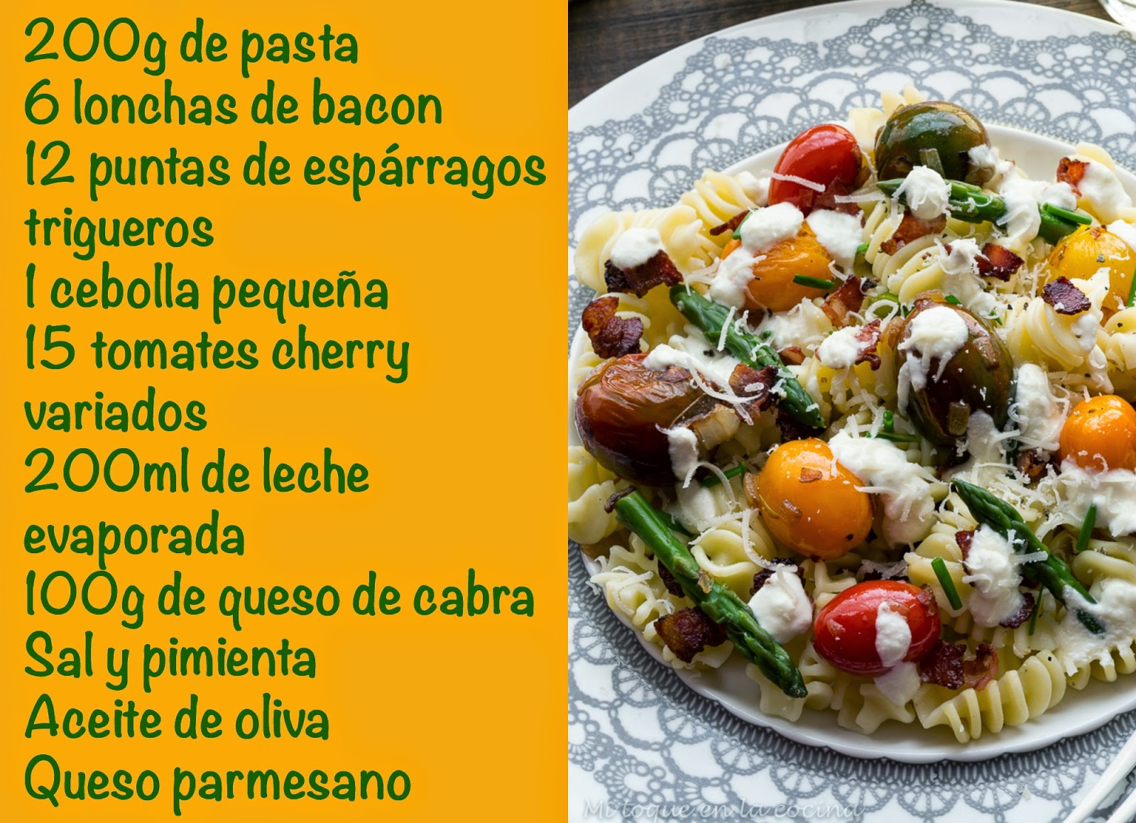 Mi toque en la cocina: Pasta con bacon, espárragos y tomates cherry.