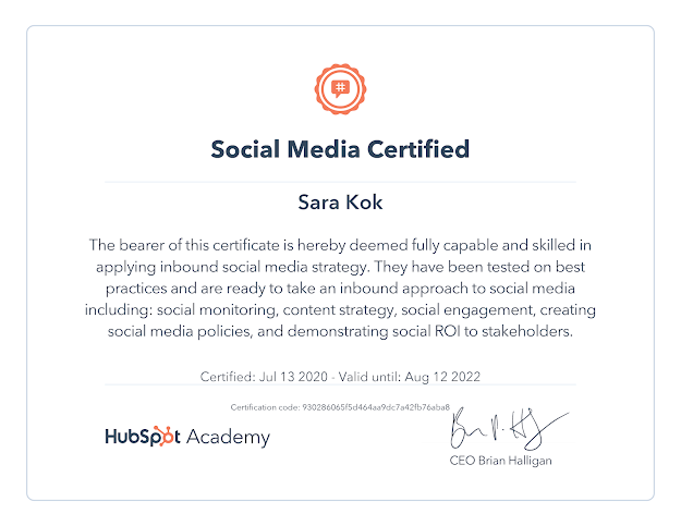 Certification of Hub Spot Courses Social Media Marketing Course