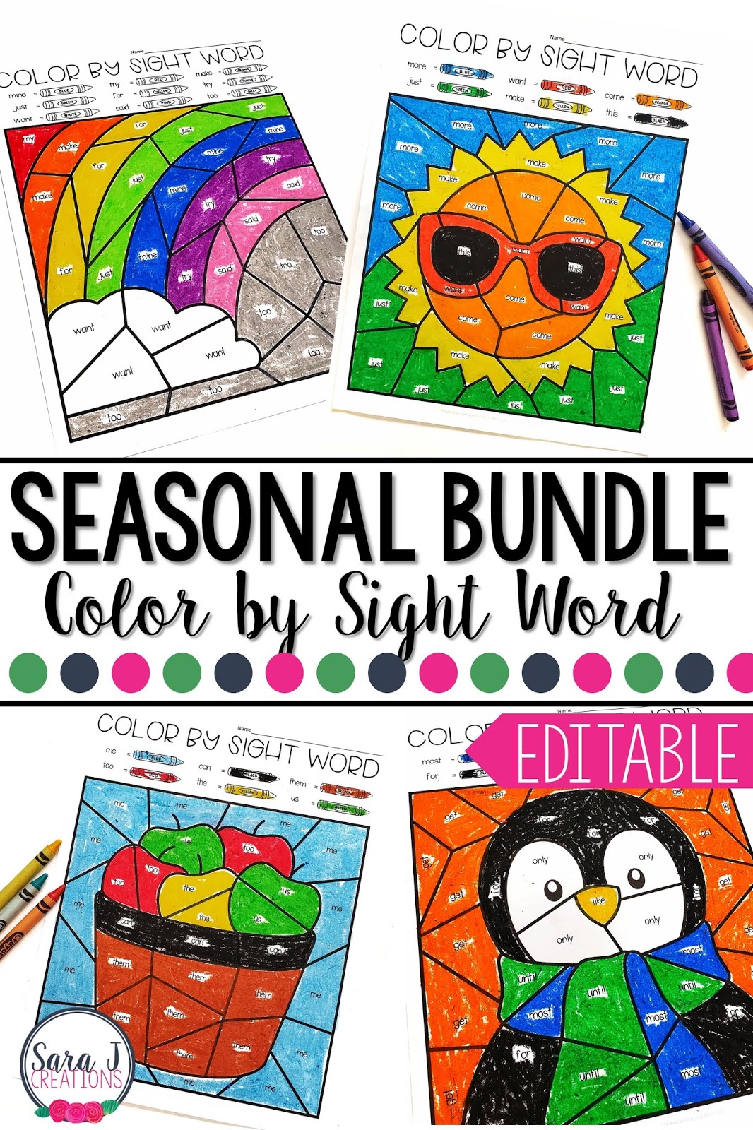 Editable Color by Sight Word for the Whole Year | Sara J Creations