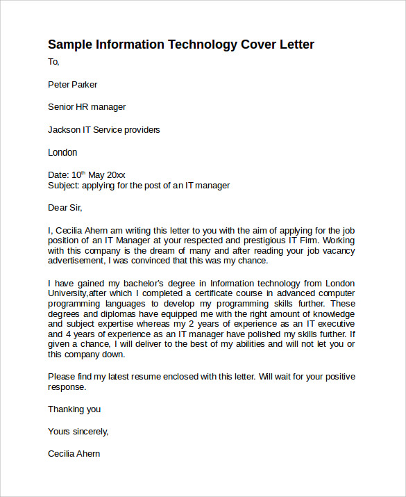 Information Technology Cover Letter Examples 2018 ~ Resume Letter