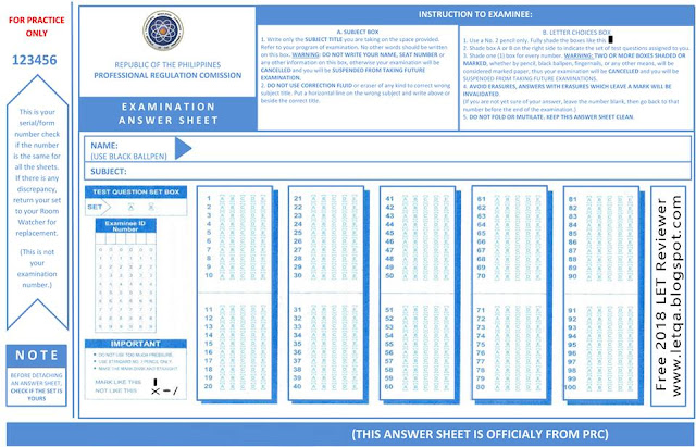 PRC Sample Answer Sheet for Licensure Examination for Teachers - LET ...
